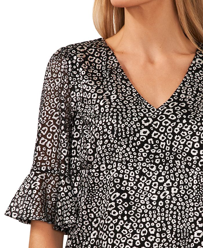 CeCe Women's Metallic V-Neck 3/4-Sleeve Ruffle Cuff Blouse - Macy's