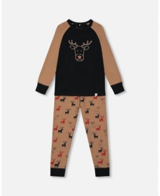 Baby Boy Organic Cotton Printed Reindeers Two Piece Pajama Set Nutmeg ...