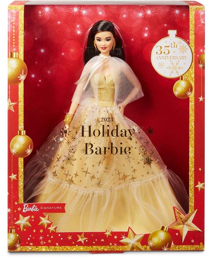 Barbie Signature 2023 Holiday Collector Doll with Golden Gown and Black ...