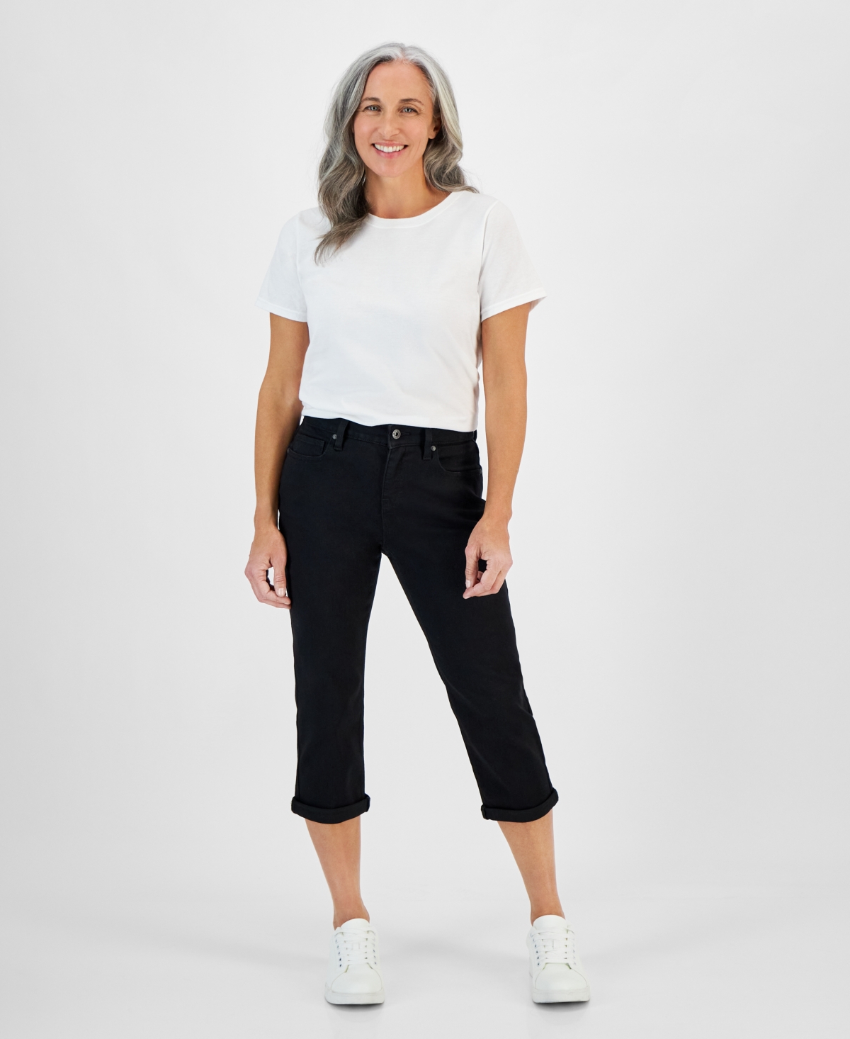 Click here for Style & Co Petite Mid-Rise Curvy Roll-Cuff Capri J... prices