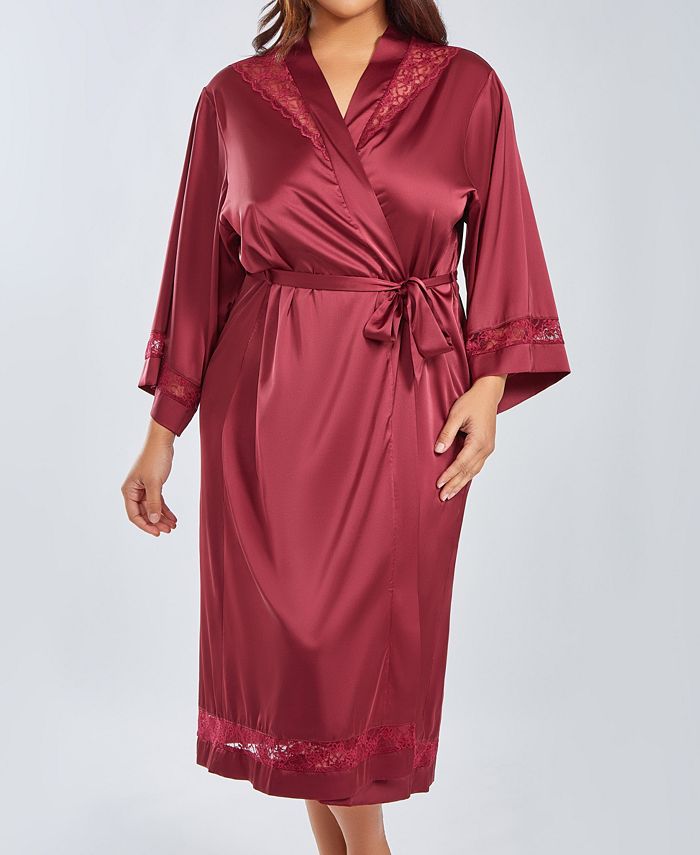 iCollection Plus Size Silky Long Robe with Lace Trims - Macy's