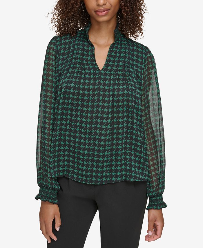 KARL LAGERFELD PARIS Women's Smocked-Trim Houndstooth Blouse - Macy's