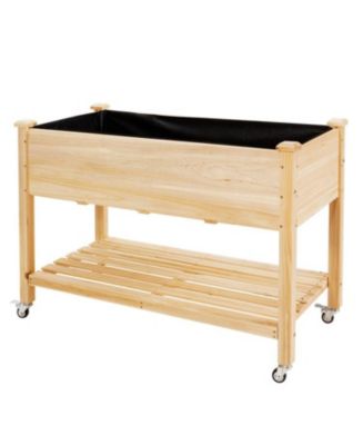 Wood Elevated Planter Bed with Lockable Wheels Shelf and Liner - Macy's