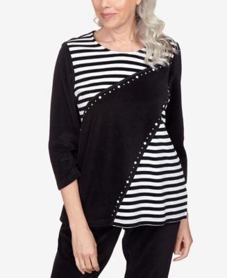 Alfred Dunner Women's Drama Queen Velour Spliced Stripe 3/4 Sleeve Top - Macy's