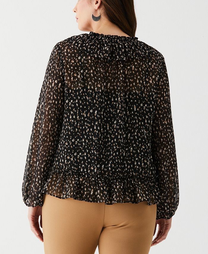 ELLA Rafaella Plus Size Animal Print V-neck Ruffle Long Sleeve Blouse ...