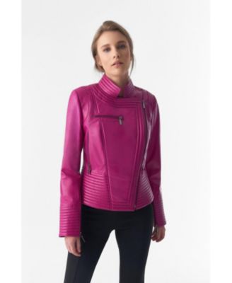 Furniq UK Women's Genuine Leather Riser Biker Jacket, Fuchsia - Macy's
