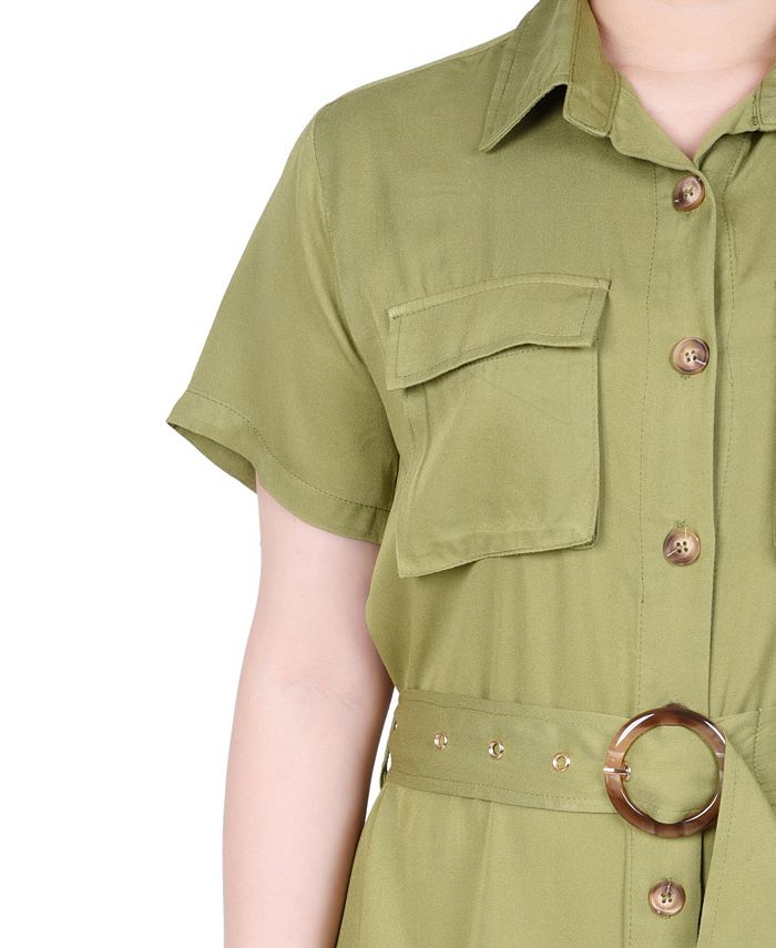 NY Collection Petite Short Sleeve Belted Utility Style Dress - Macy's