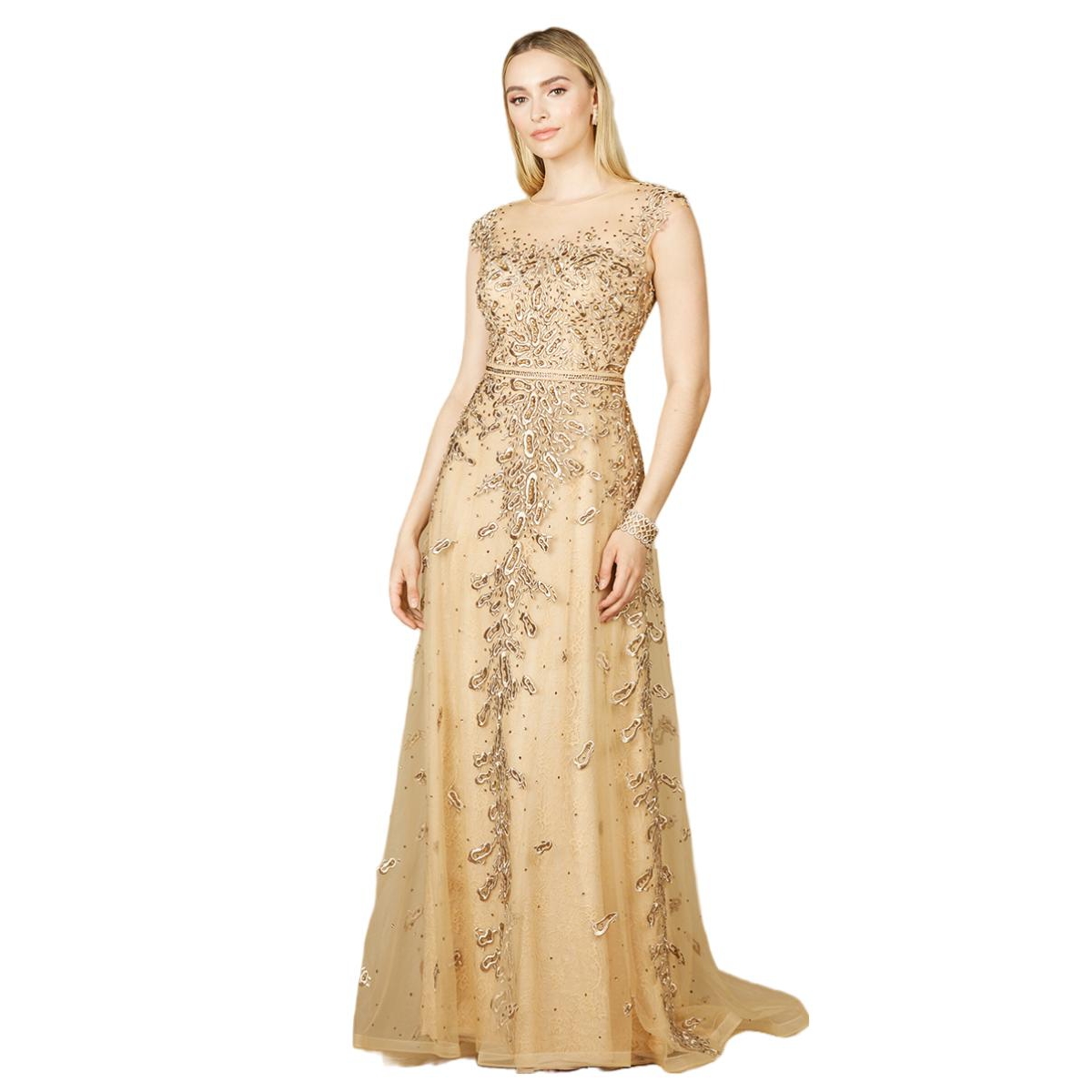 Click here for Womens Inspired Lace Gown with Cap Sleeves - Gold prices