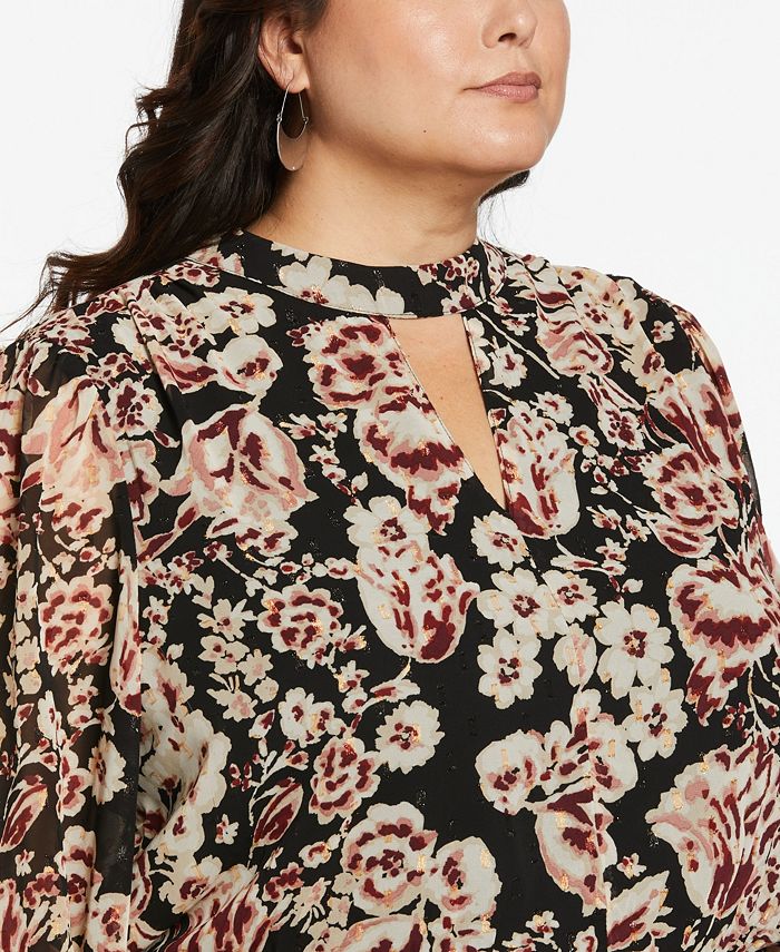 ELLA Rafaella Plus Size Metallic Blooms Print Long Sleeve Dress - Macy's