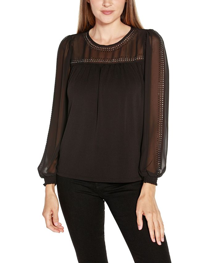 Belldini Black Label Women's Embellished Blouson Sleeve Top - Macy's