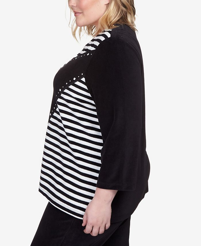 Alfred Dunner Plus Size Drama Queen Velour Spliced Stripe 3/4 Sleeve Top - Macy's