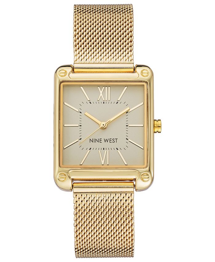 Nine West Women's Quartz Rectangular Gold-Tone Stainless Steel Mesh ...