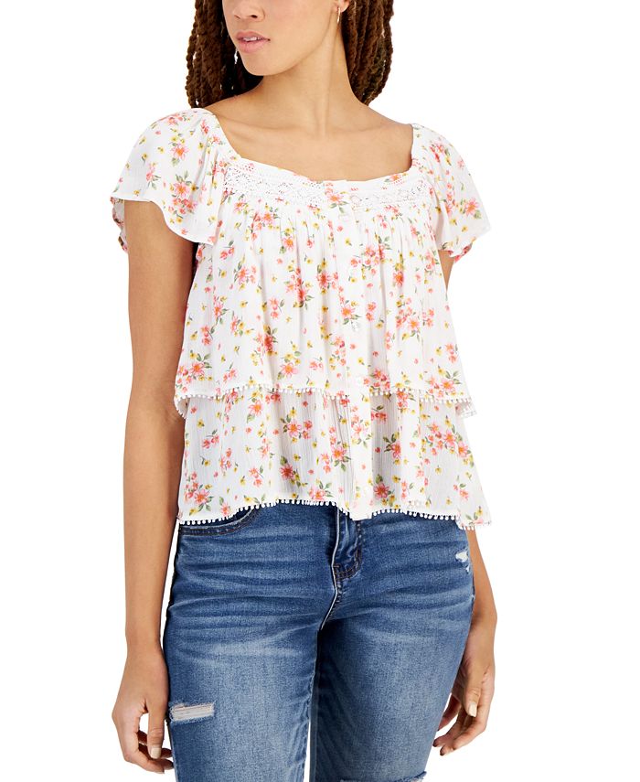 Self Esteem Juniors' Button-Front Tiered Peasant Top - Macy's