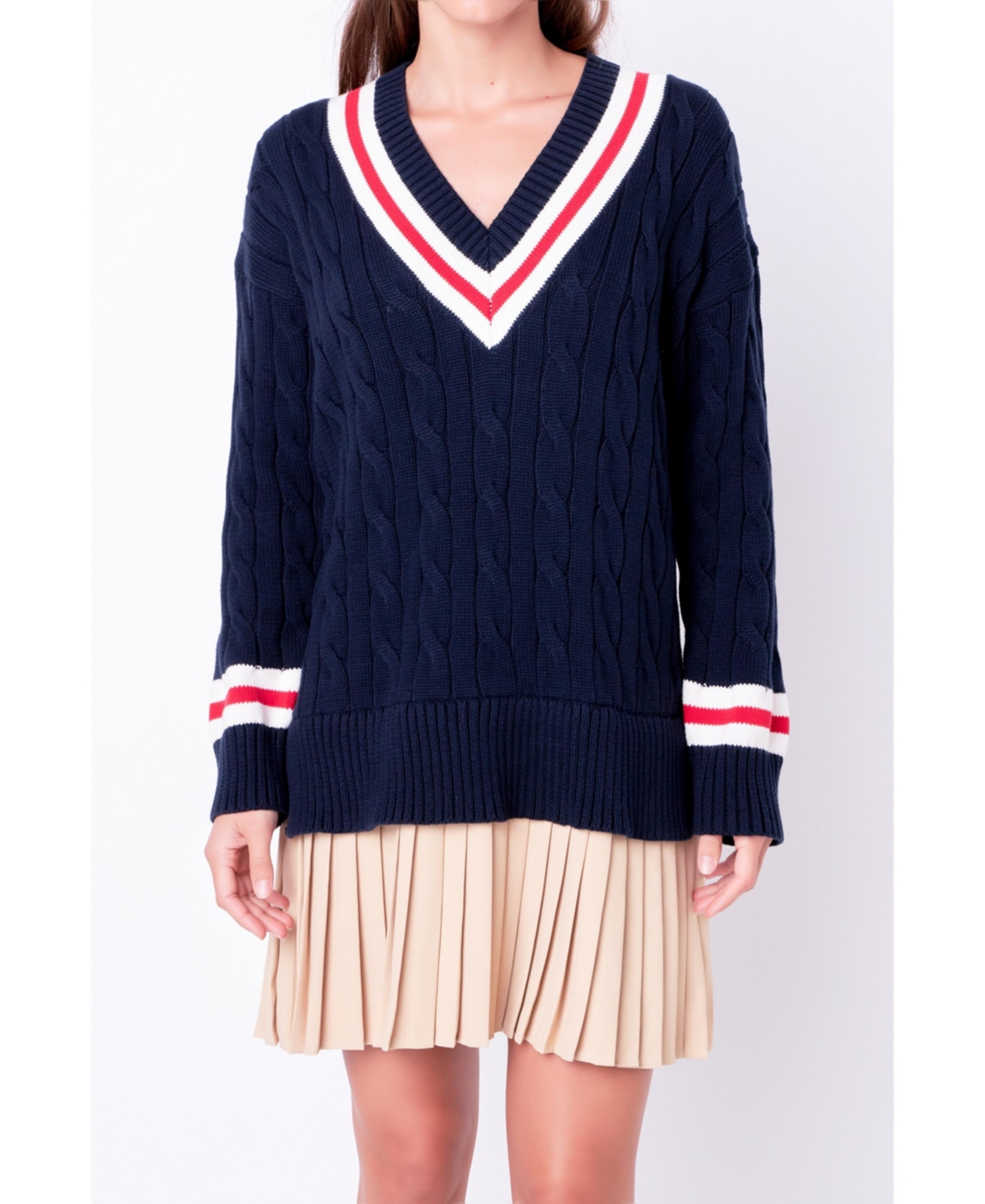 Click here for Womens Cable Knit Pleated Sweater Dress - Navy mul... prices