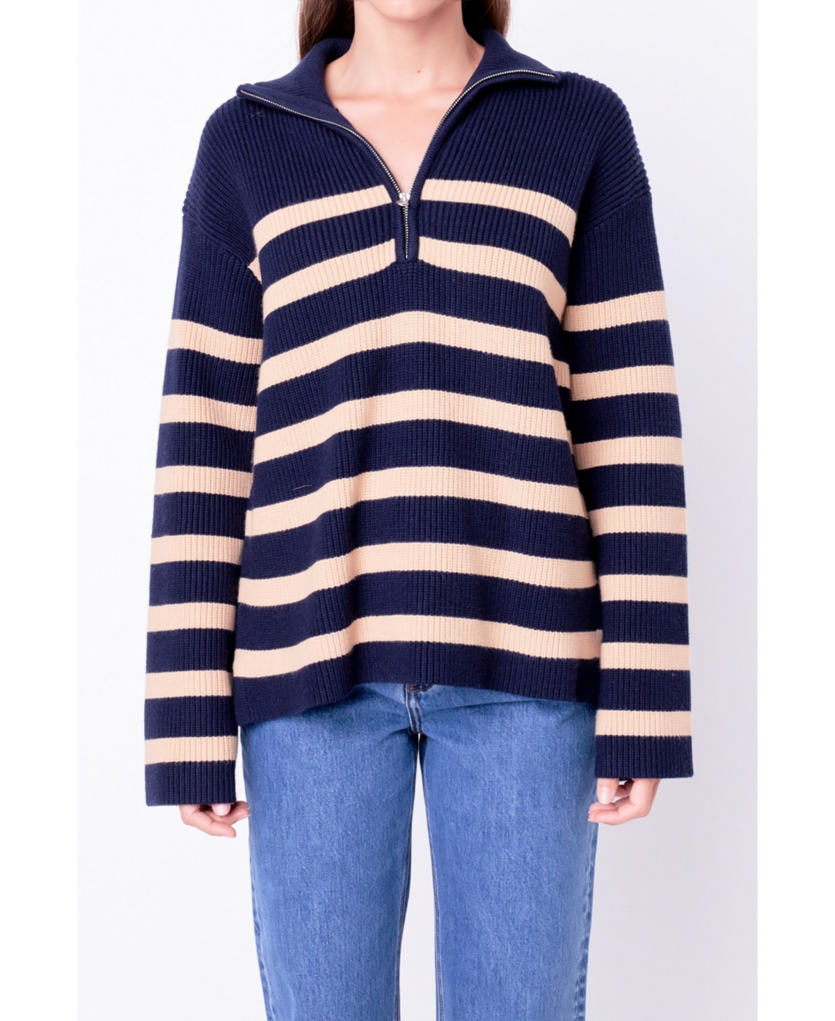 Click here for Womens Striped Half-Zip Sweater - Navy/camel prices
