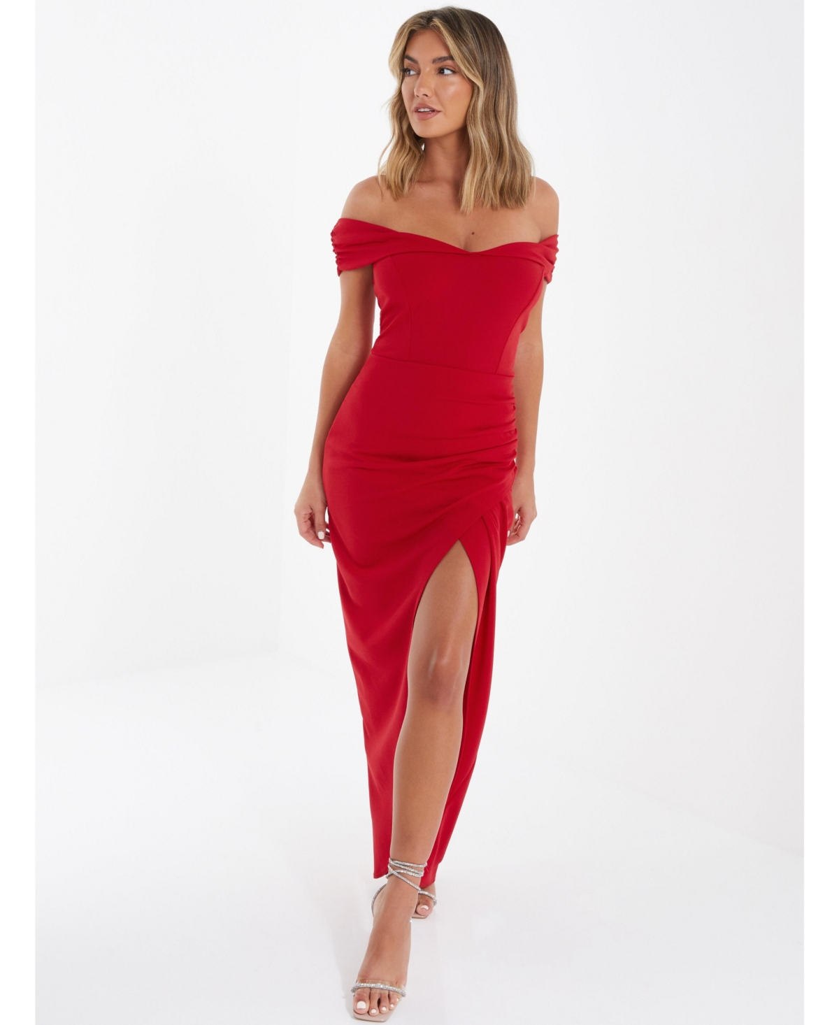 Click here for Quiz Womens Scuba Crepe Bardot Maxi Dress - Red prices
