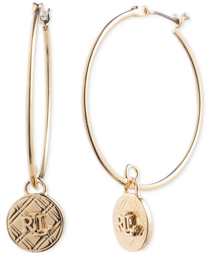 Lauren Ralph Lauren Gold-Tone Tartan Pattern Logo Charm Hoop Earrings - Macy's