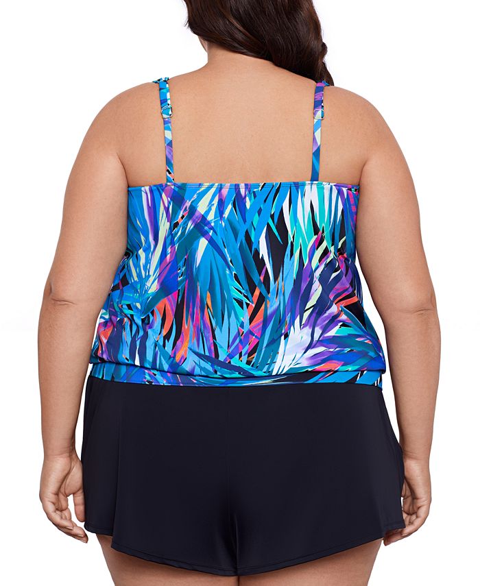 Swim Solutions Plus Size Printed Shirred Neck Blouson Tankini And Swim