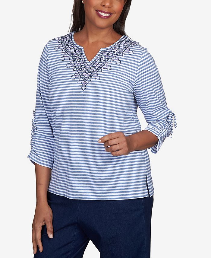 Alfred Dunner Petite Lavender Fields Stripe Geo Embroidered Split Neck Top - Macy's