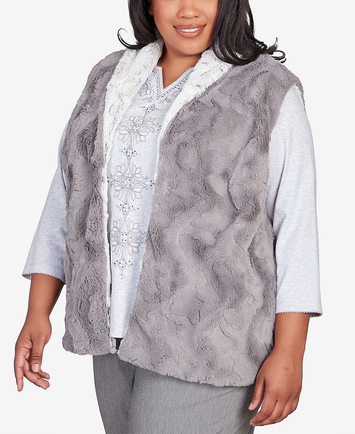 Alfred Dunner Plus Size Point of View Reversible Collared Faux Fur Vest ...