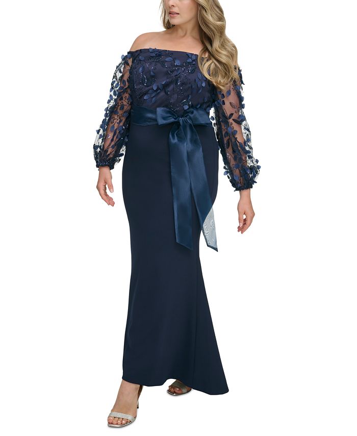 Eliza J Plus Size Floating Petals Off-The-Shoulder Gown - Macy's