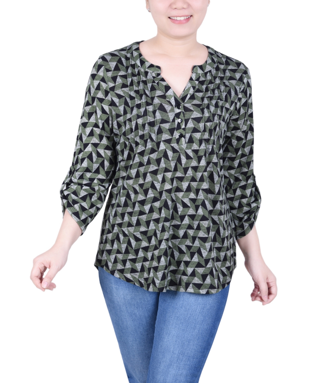 Click here for Petite Size 3/4 Roll Sleeve Top - Olive Pyramid prices