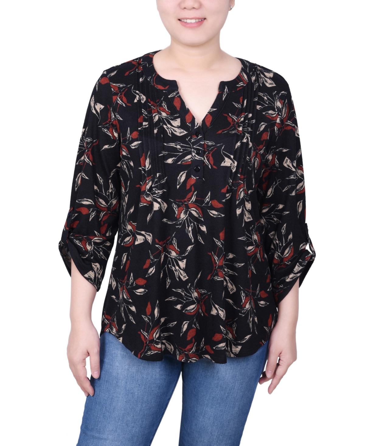 Click here for Petite Size 3/4 Roll Sleeve Top - Black Orange Ivo... prices