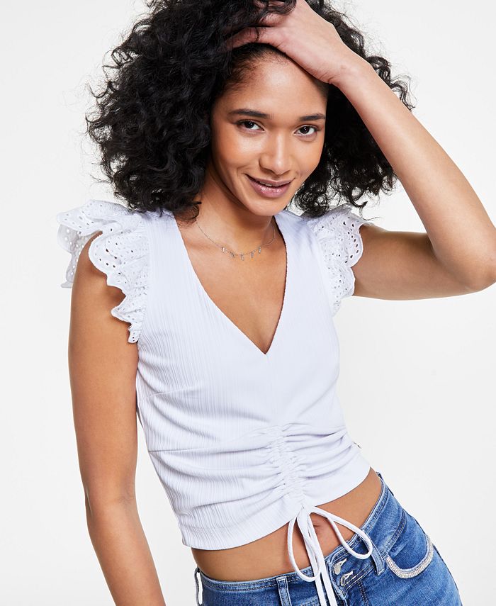 GUESS Women's Ruched Ruffle Cap-Sleeve Top - Macy's