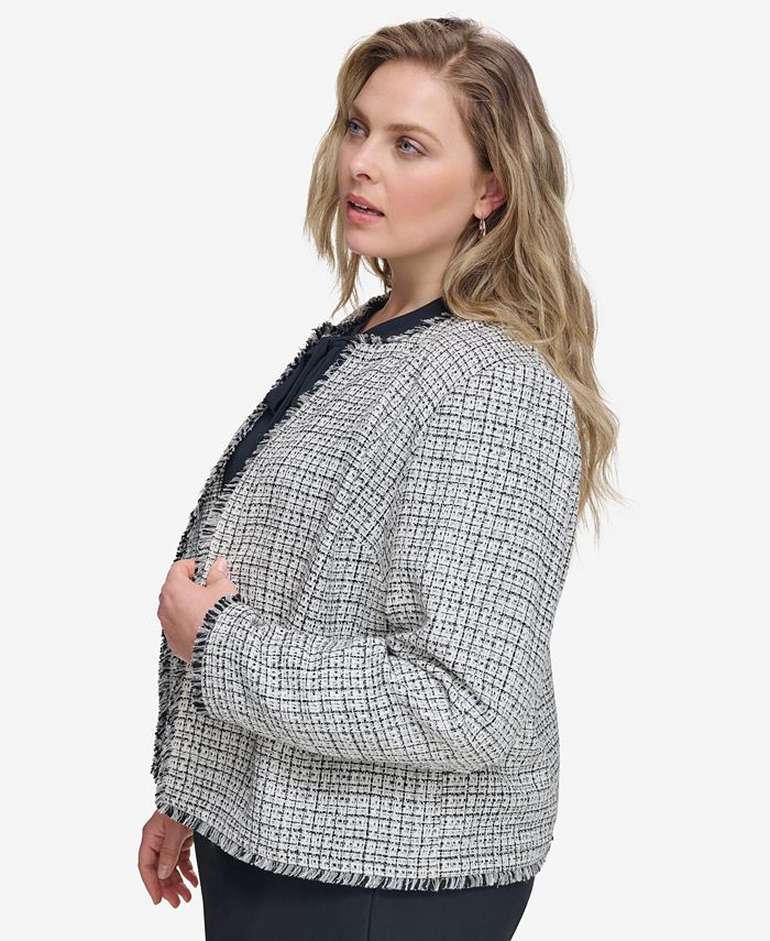 Calvin Klein Plus Size Tweed Open-Front Fringe Jacket - Macy's
