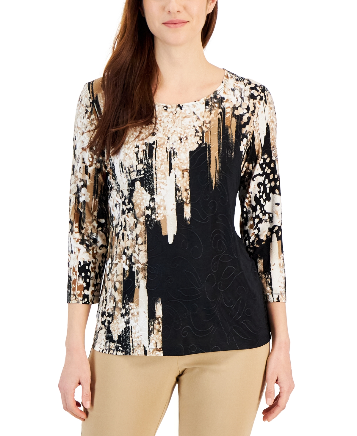 Jm Collection Petite Painted Jacquard 3/4-sleeve Top, Created For Macy ...