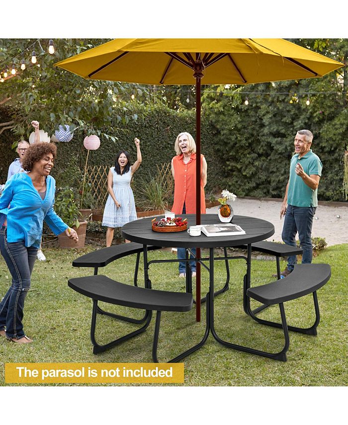 Costway Outdoor 8-person Round Picnic Table Bench Set with 4 Benches ...