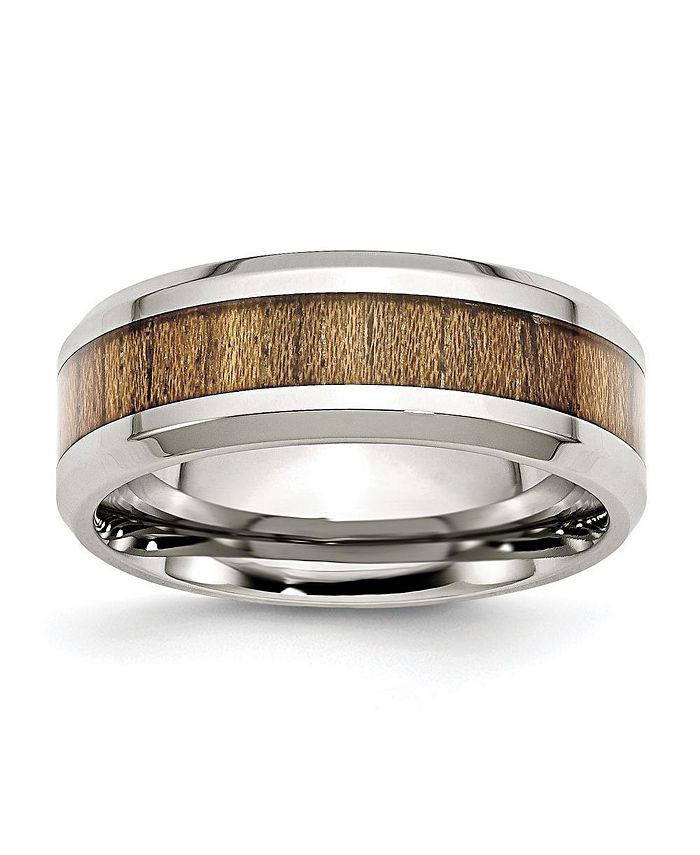 Chisel Stainless Steel Polished Koa Wood Inlay Enameled 8mm Band Ring ...
