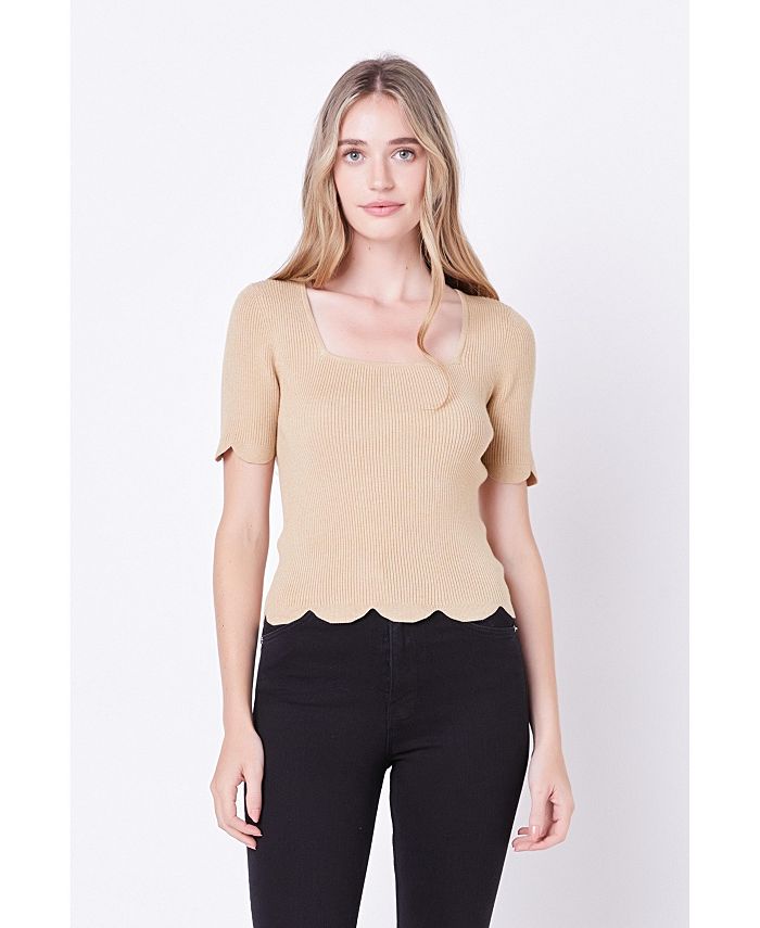 English Factory Women's Scallop Hem Square Neck Sweater - Macy's