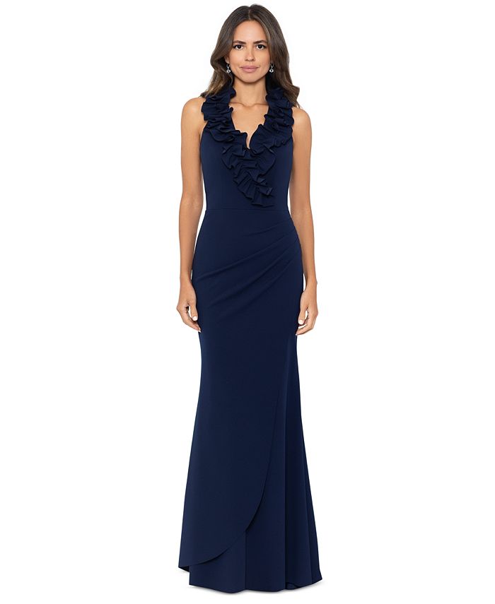 XSCAPE Petite Ruffled V-Neck Ruched Sleeveless Gown - Macy's