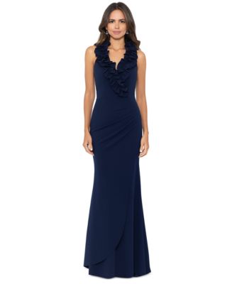 XSCAPE Petite Ruffled V-Neck Ruched Sleeveless Gown - Macy's