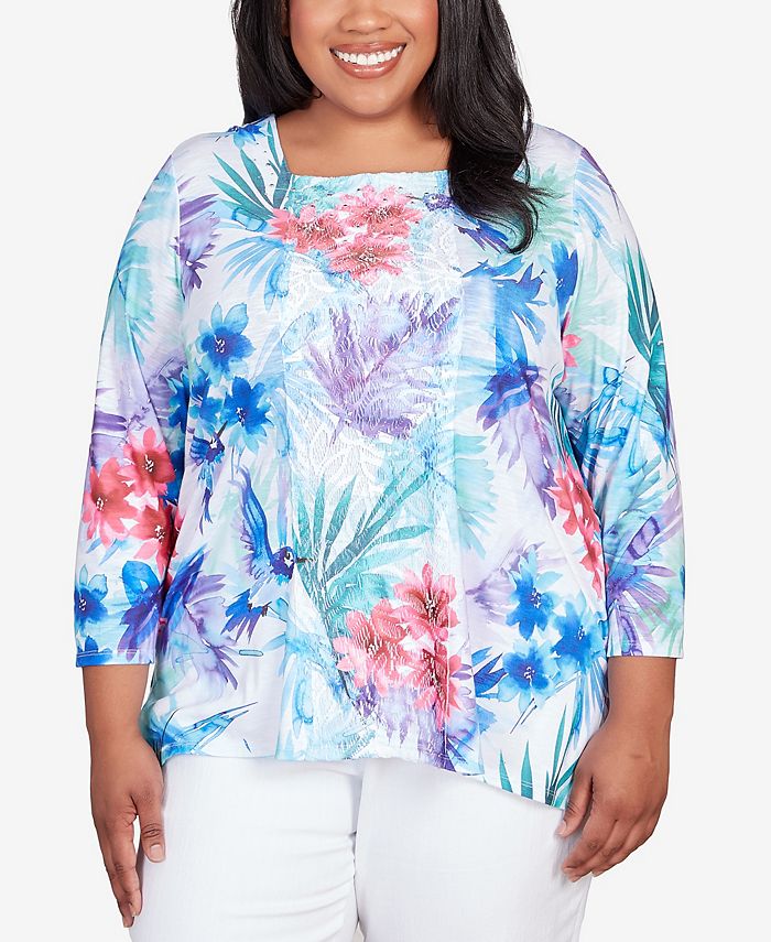 Alfred Dunner Plus Size Classic Brights Tropical Birds Lace Paneled Top ...