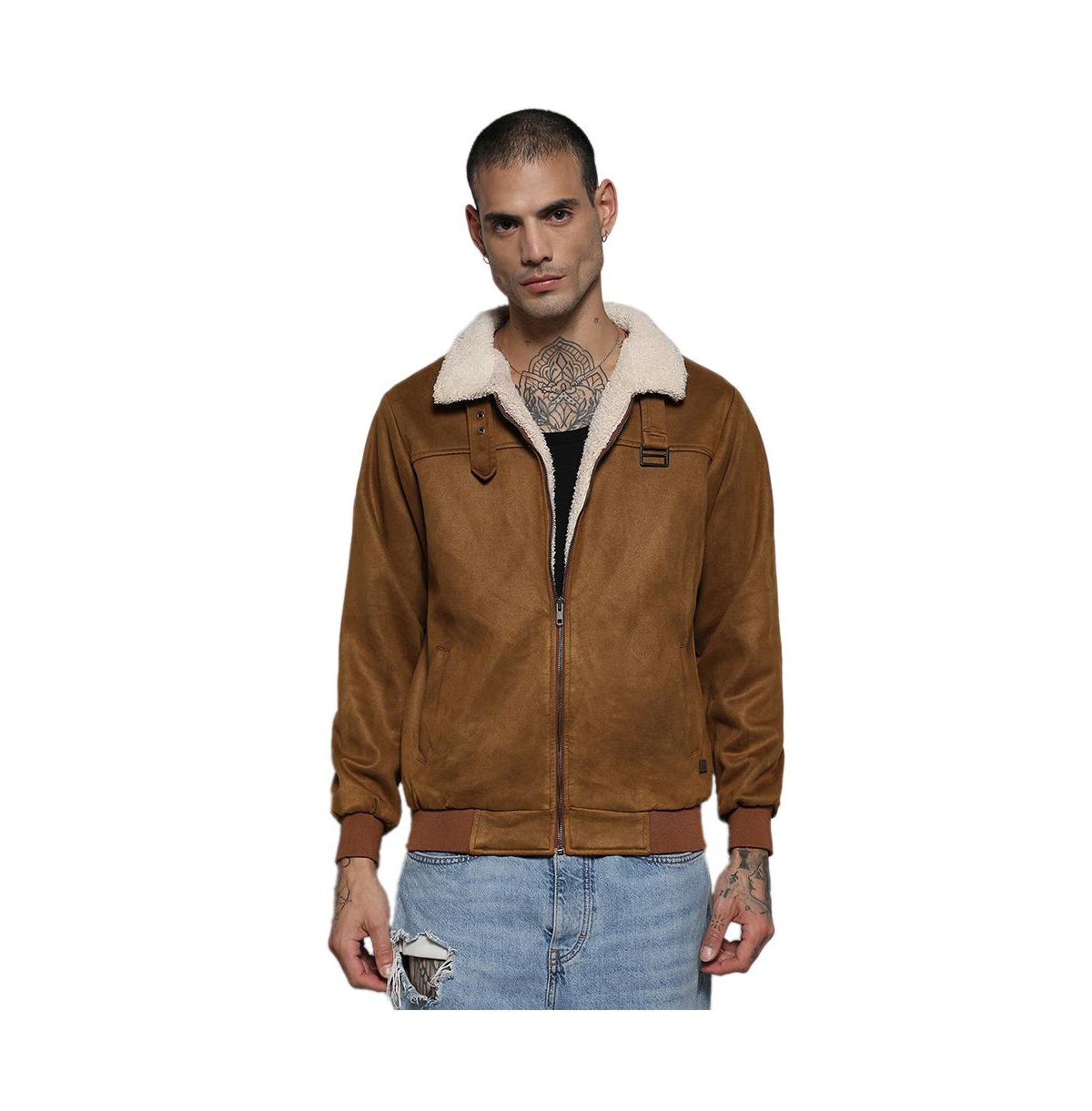 Click here for Campus Sutra Mens Brown Zip-Front Jacket With Flee... prices