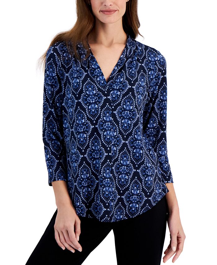 JM Collection Women's Printed 3/4 Sleeve V-Neck Knit Top, Created for ...
