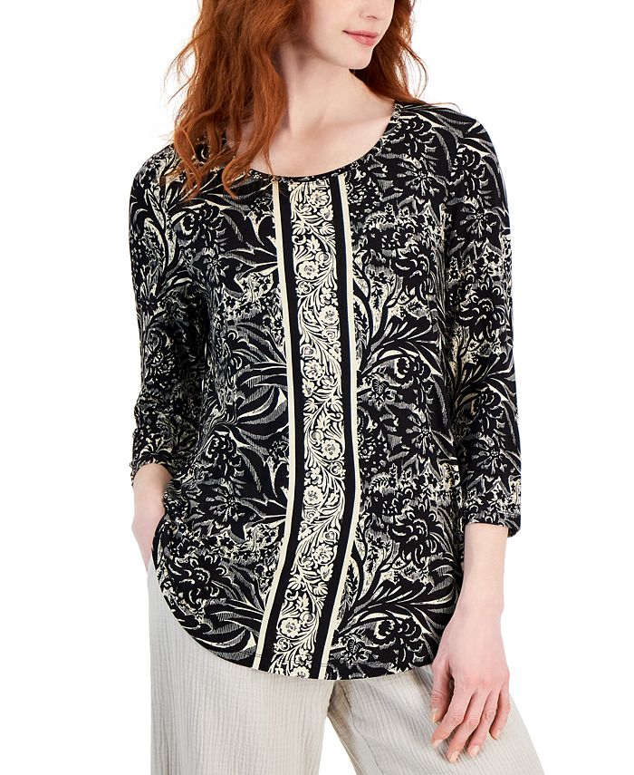 JM Collection Women's Printed 3/4-Sleeve Relaxed Knit Top, Created for ...