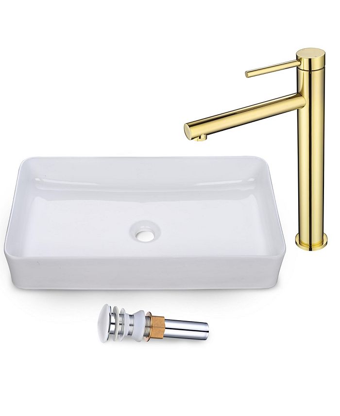 Aquaterior Rectangle Bathroom Countertop Vessel Sink & Gold Mixer ...