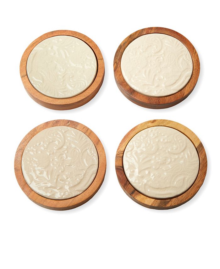 Godinger Acacia Wood Coasters with Floral Designs in Porcelain on ...