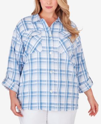 Ruby Rd. Plus Size Button Front Shirt Collar Light Weight Plaid Jacket ...