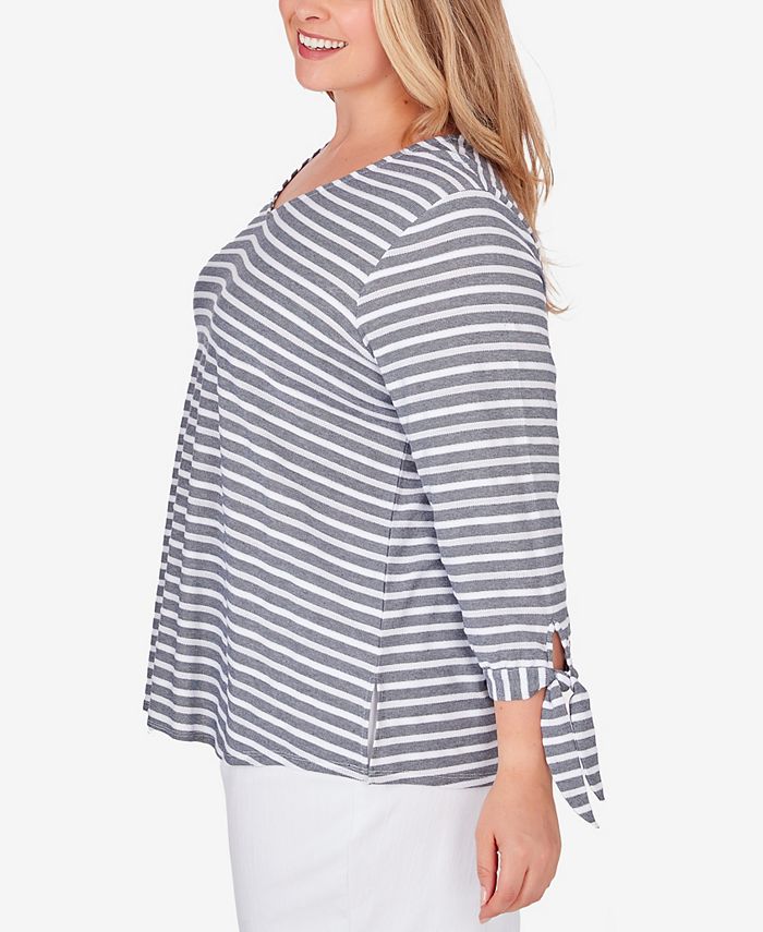 Ruby Rd. Plus Size V-neck Light Weight Stripe Knit Top with Tie Sleeve ...