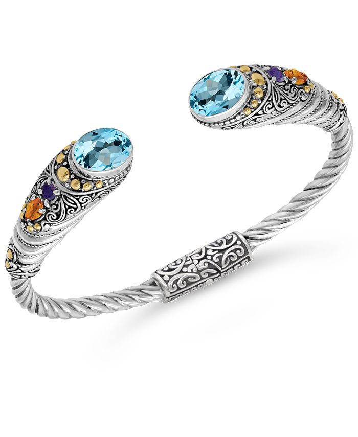 DEVATA Blue Topaz, Amethyst, Citrine Bali Filigree Cuff Bracelet in Sterling Silver and 18K Gold ...