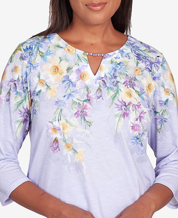 Alfred Dunner Women's Isn't It Romantic Spring Flower Split Neck Top ...
