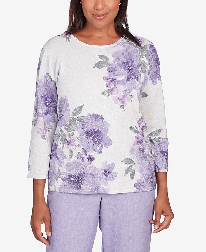 Alfred Dunner Women's Isn't It Romantic Shimmer Floral Crew Neck Sweater - Macy's