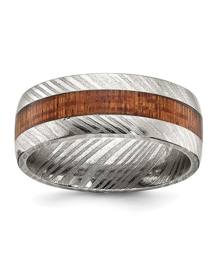 Chisel Damascus Steel Polished with Sapele Wood Inlay 8mm Band Ring ...