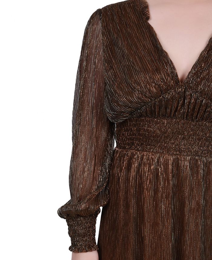 NY Collection Women's Long Sleeve Plisse Mesh Dress - Macy's