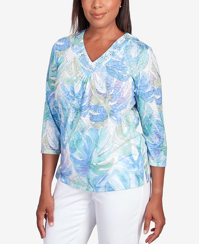 Alfred Dunner Women's Classic Pastels Leaves Bordered V-neck Top - Macy's