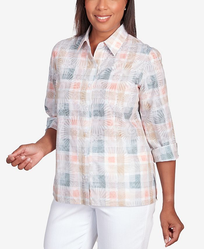 Alfred Dunner Women's Classic Neutrals Neutral Plaid Button Down Top ...